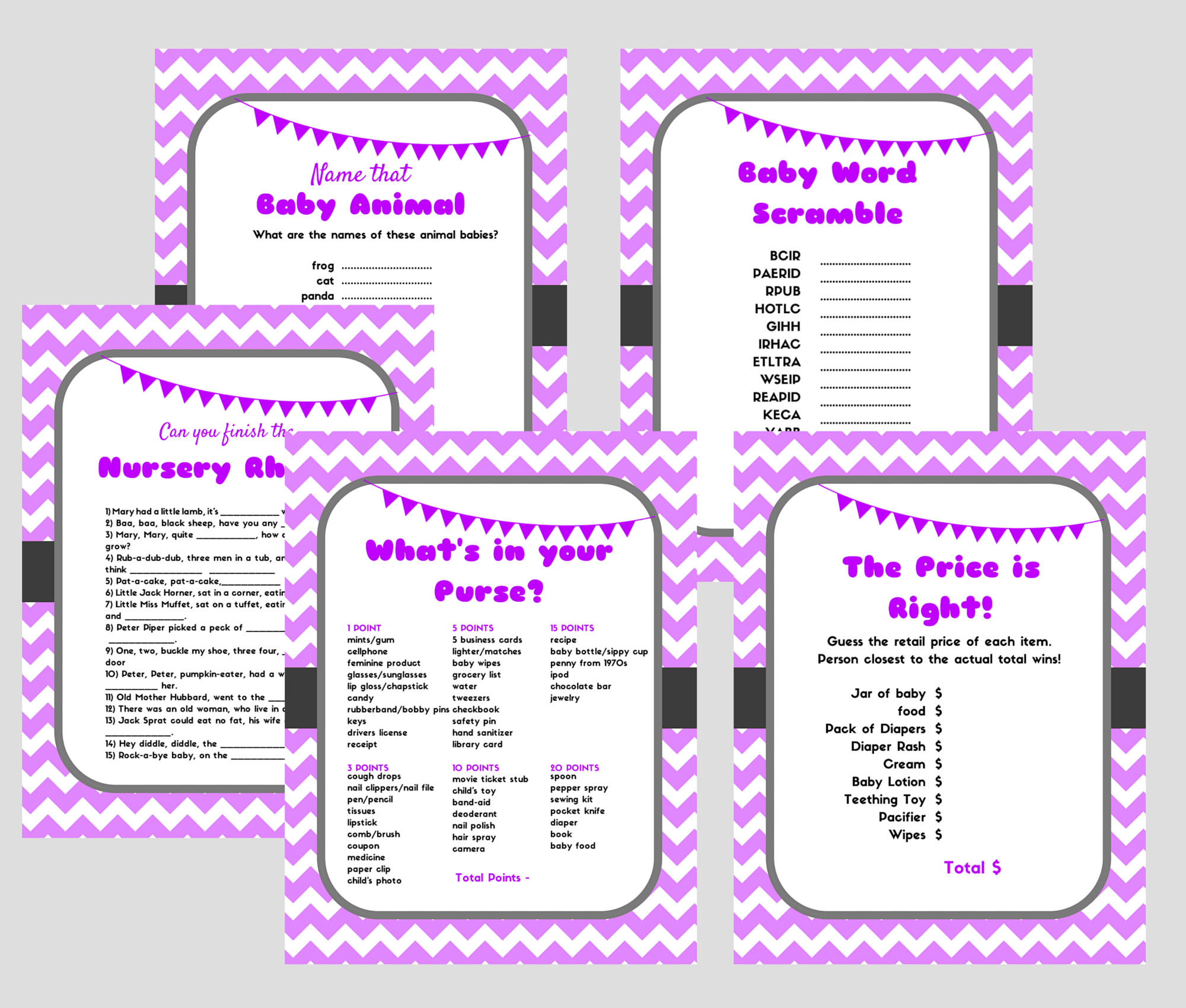 Purple Printable Baby Shower Games - Magical Printable