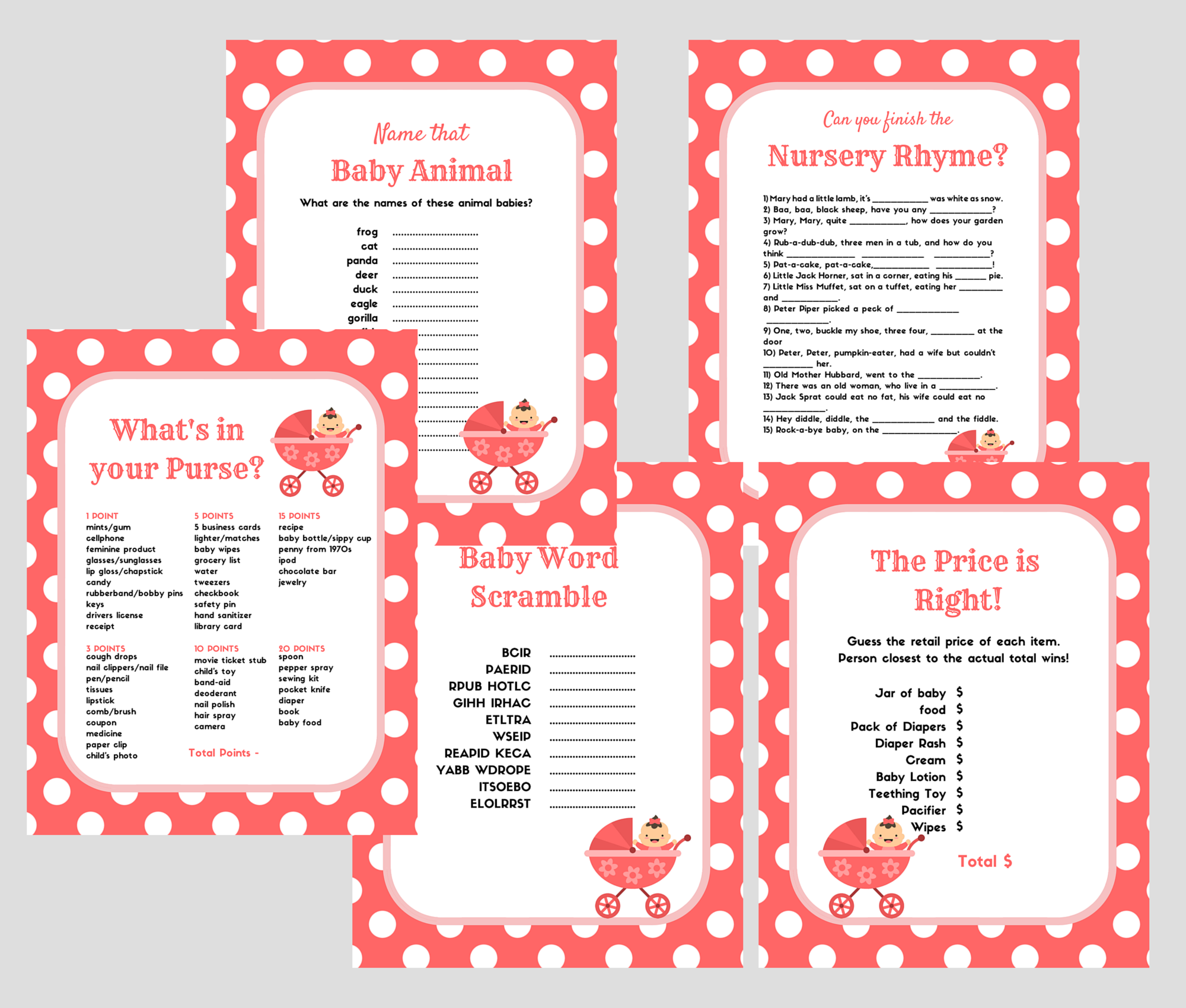 Pink Polka Dots Baby Shower Games - Magical Printable