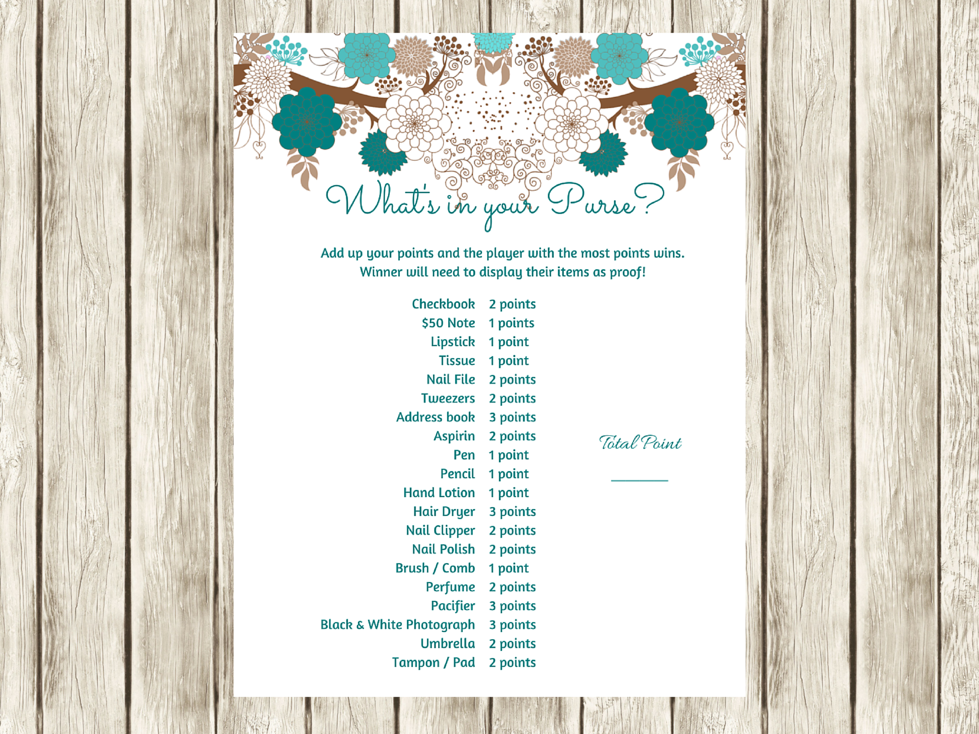 Teal Baby Shower Game What's in your Purse - Magical Printable