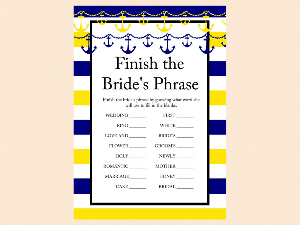 Yellow Navy Nautical Bridal Shower Games - Magical Printable