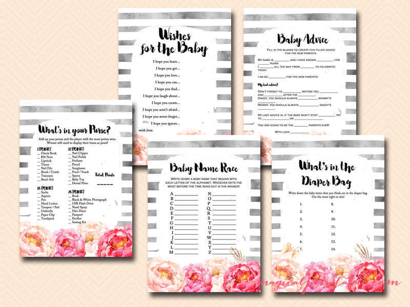 Watercolor Peonies Baby Shower Game Pack - Magical Printable