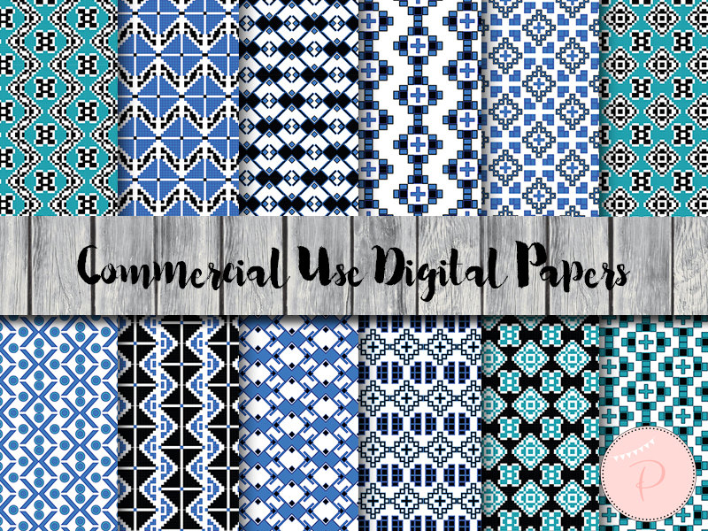 Blue Teal Folk Style Digital Papers - Magical Printable