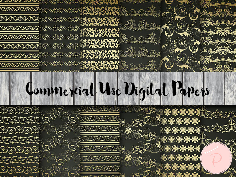 Gold Black Damask Digital Papers DP72 - Magical Printable