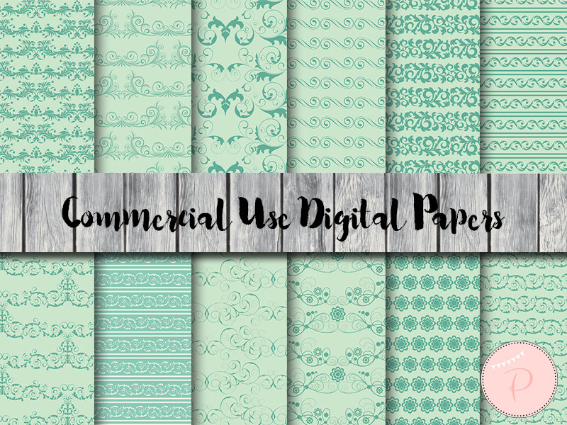 Mint Damask Floral Digital Papers DP74 - Magical Printable