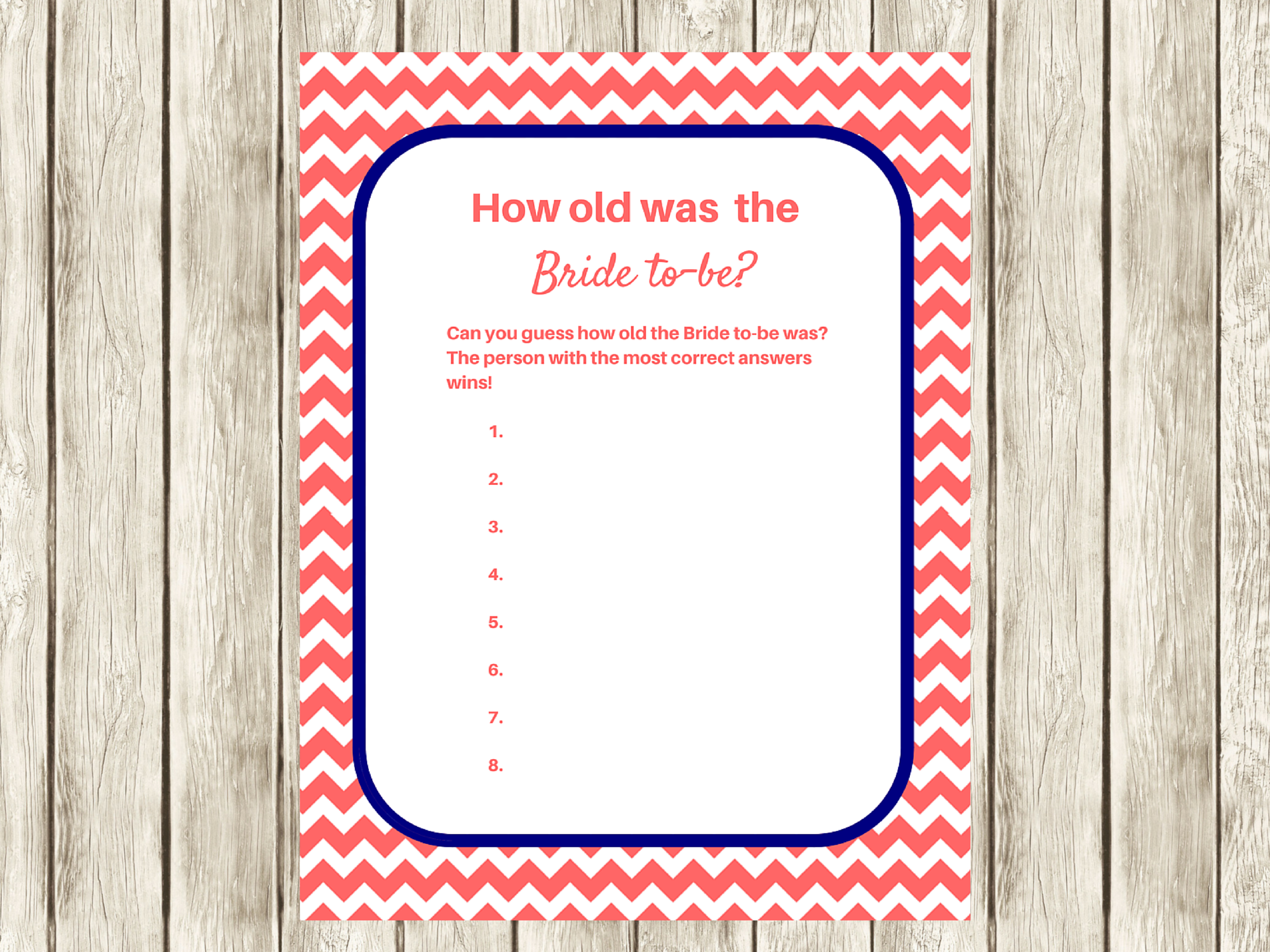 Coral Navy How old was the bride Bridal Shower Game - Magical Printable