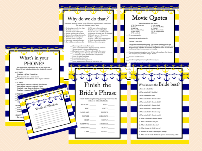 Yellow Navy Nautical Bridal Shower Games - Magical Printable