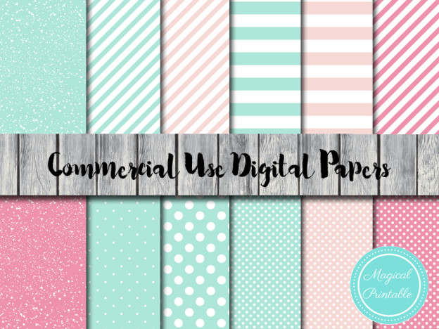 Mint and Pink, Instant Download Digital Papers - Magical Printable