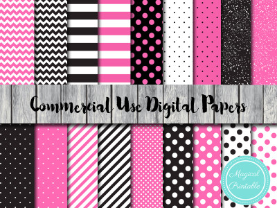 Hot Pink and Black, Instant Download Digital Papers - Magical Printable