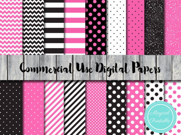 Hot Pink and Black, Instant Download Digital Papers - Magical Printable