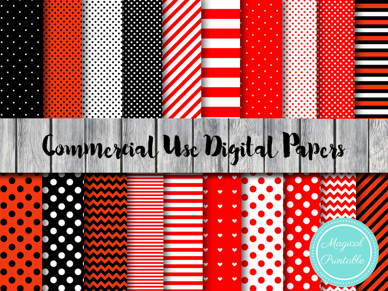 Red and Black Minnie Mouse, Ladybug Digital Papers - Magical Printable
