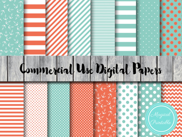 Coral and Mint Nautical Digital Paper - Magical Printable