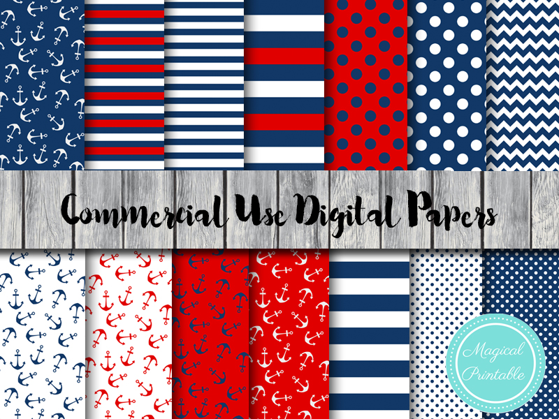 Navy and Red Nautical Digital Papers - Magical Printable