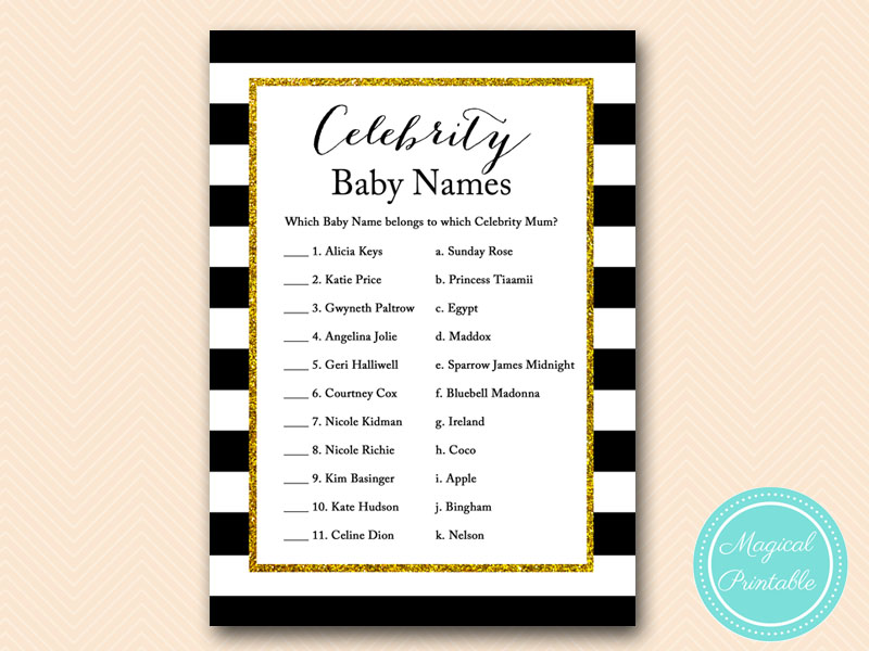 Gold Glitter Black Stripes Baby Shower Games - Magical Printable