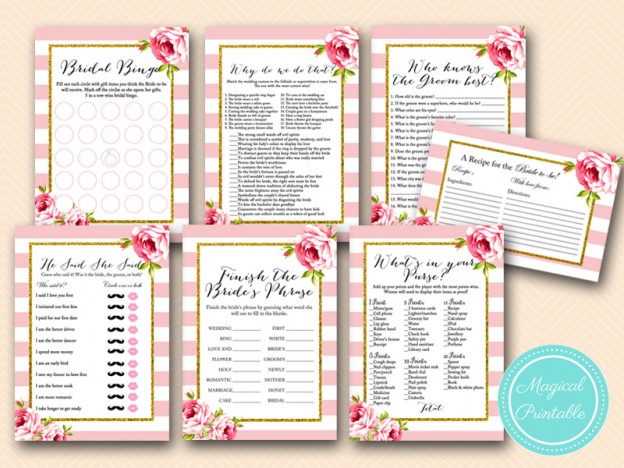 Floral Pink Chic Bridal Shower Games - Magical Printable