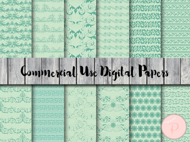 Mint Damask Floral Digital Papers DP74 - Magical Printable