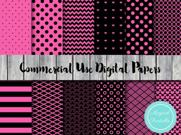 hot pink and black digital papers DP75 - Magical Printable