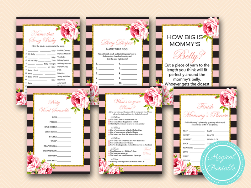 Pink Stripes Gold Baby Shower Games - Magical Printable
