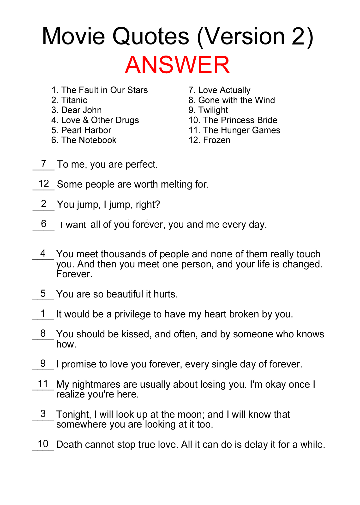 Movie Love Quotes Game