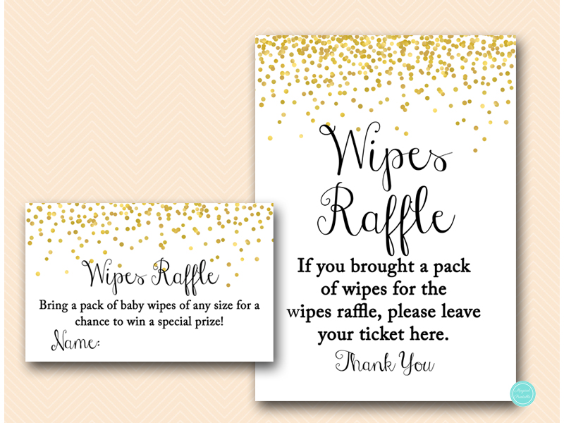 Gold Confetti Baby Wipes Raffle ticket and sign